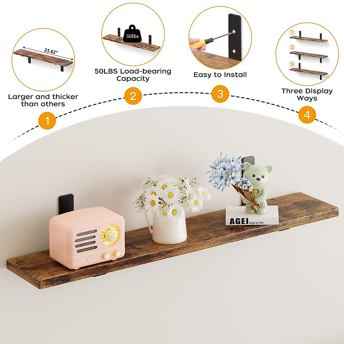 YIJIALEA 5-Piece 24'' Floating Shelves, Wood Bathroom Shelves Over Toilet, Farmhouse Bookshelves for Living Room, Kitchen, Storage and Wall Decor, MDF, 50 lbs Capacity