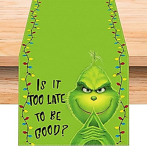 Linen Grinch Christmas Table Runner 72 Inches Long Grinch Decor Green Whoville Christmas Xmas Winter Holiday Home Kitchen Dinging Room Table Decorations