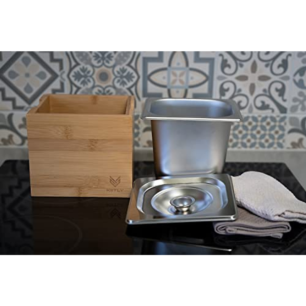 KIITLY | Countertop Compost Bin for Kitchen - Indoor Composter with Lid | Smell Proof, Odorless, and Stainless Steel Food Scrap Container with Wood Box (Bamboo, Small)