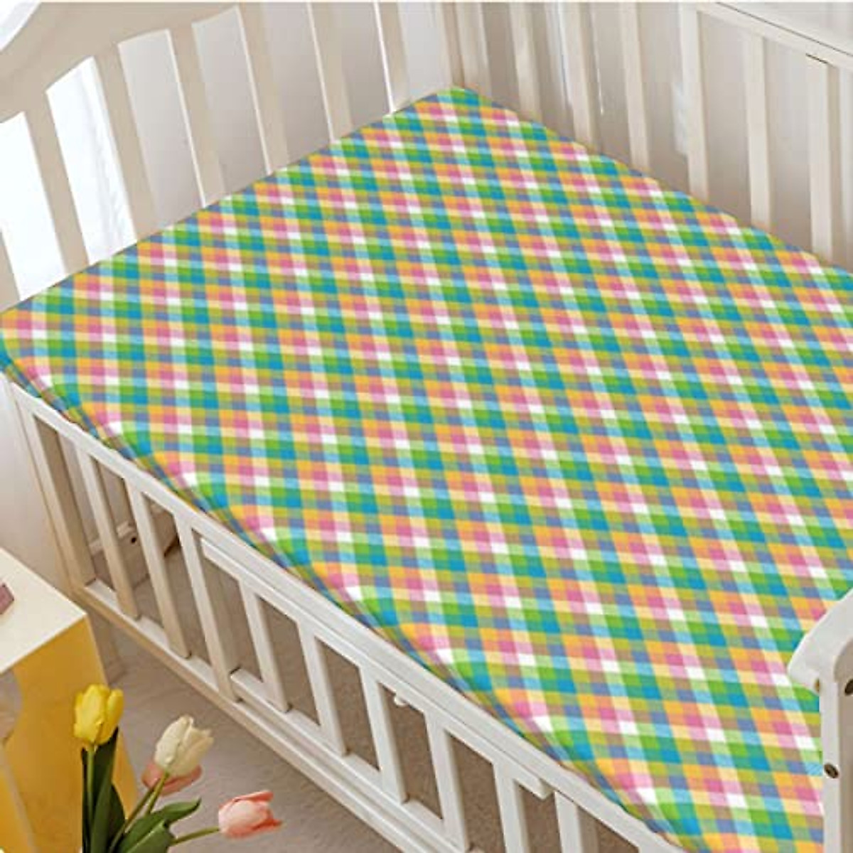 Plaid Themed Fitted Crib Sheet,Standard Crib Mattress Fitted Sheet Toddler Bed Mattress Sheets-Crib Mattress Sheet or Toddler Bed Sheet,28“ x52“,Multicolor