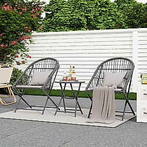 HWB Foldable 3-Piece Patio Bistro Set with Folding Rattan Chairs and Round Table - Small Outdoor Furniture for Balcony, Garden, Backyard, Restaurant, Cafe Bar (Grey)