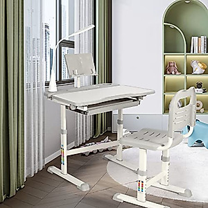 RedSwing Kids Desk and Chair Set, Adjustable Height Children Study Table Chair with Led Light, Bookstand, Portable Kids Desk with Tilted 0-60° Table Top for Age 3-15, Gray