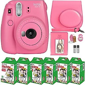 FujiFilm Instax Mini 9 Instant Camera + Fujifilm Instax Mini Film (60 Sheets) Bundle with Deals Number One Accessories Including Carrying Case, Selfie Lens, Photo Album (Flamingo Pink)