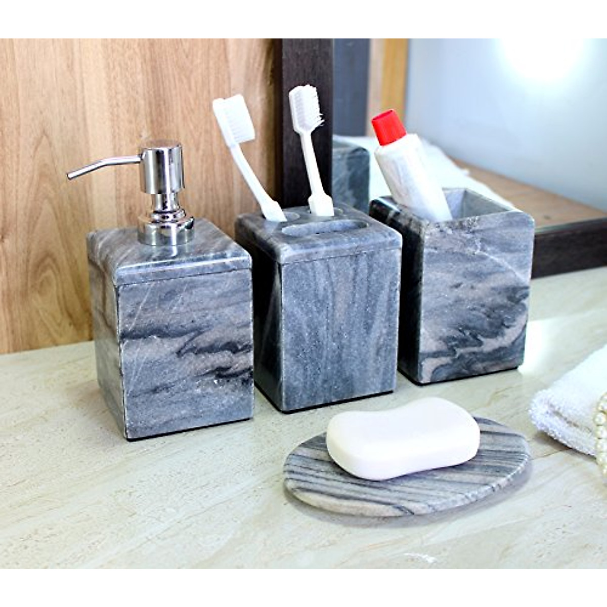 KLEO - Bathroom Accessory Set Made from Natural Stone - Bath Accessories Set of 4 Includes Soap Dispenser, Toothbrush Holder, Tumbler and Soap Dish (Grey)