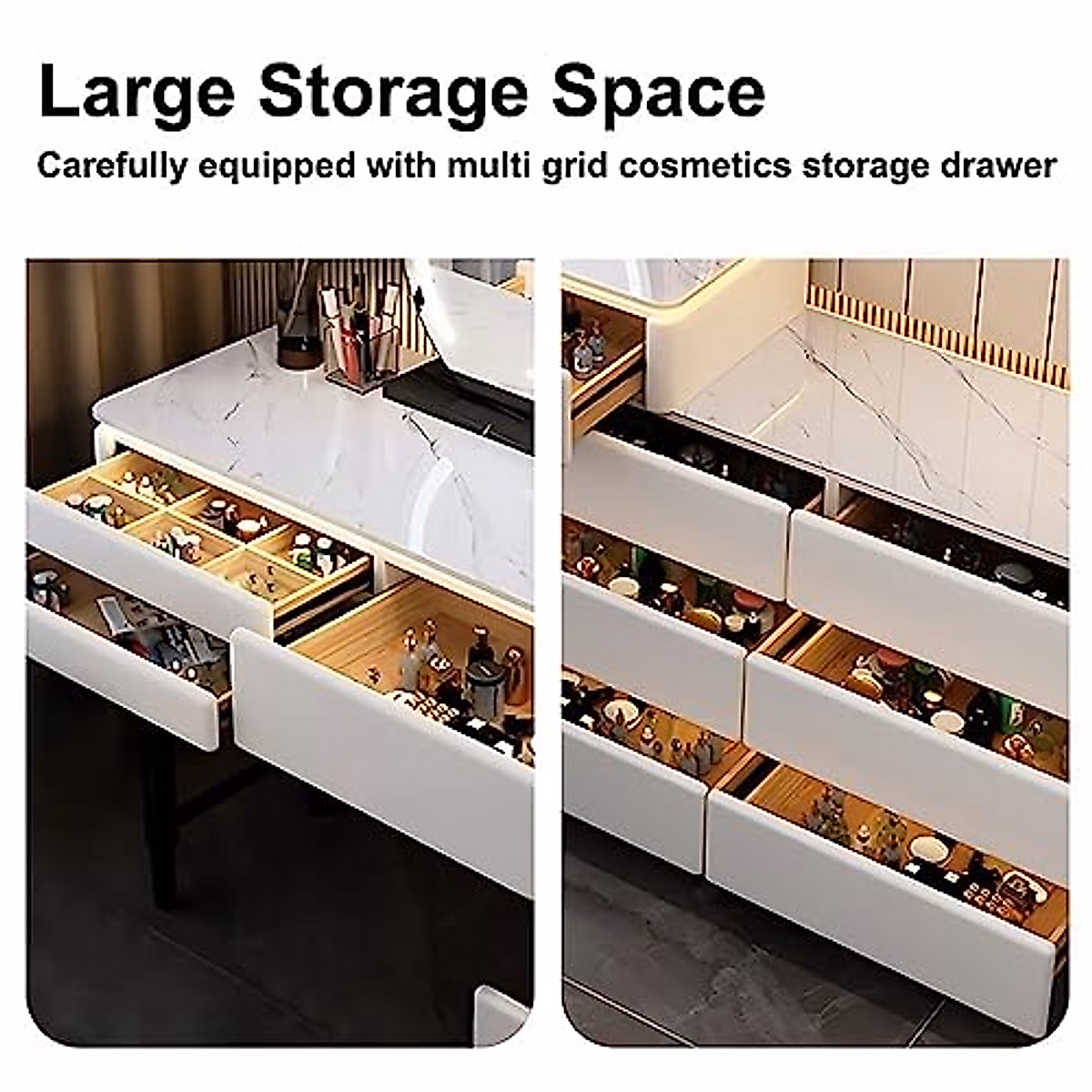 Attega Vanity Desk Set, Makeup Table with LED Lighted Mirror & Drawer Ambient Light, Dresser Desk with Side Cabinet & 9 Drawers Adjustable Dressing Table Set for Bedroom & Bathroom (White, 31.5 Inch)