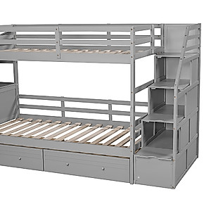 Harper & Bright Designs Twin Over Twin Bunk Bed with Stairs, Slide, Desk, Solid Wood Bunk Bed with Storage Drawers and Shelves, for Kids Teens Adults (Gray)
