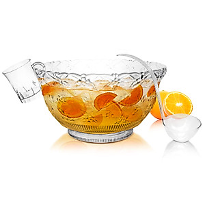 Party Essentials Plastic Punch Set with Ladle and Drinkware, Party Serveware for Cocktails, Fruit Punch, Tea, and Juices, Clear, 12 Qt Bowl + 20 Coffee Cups (8 oz.)