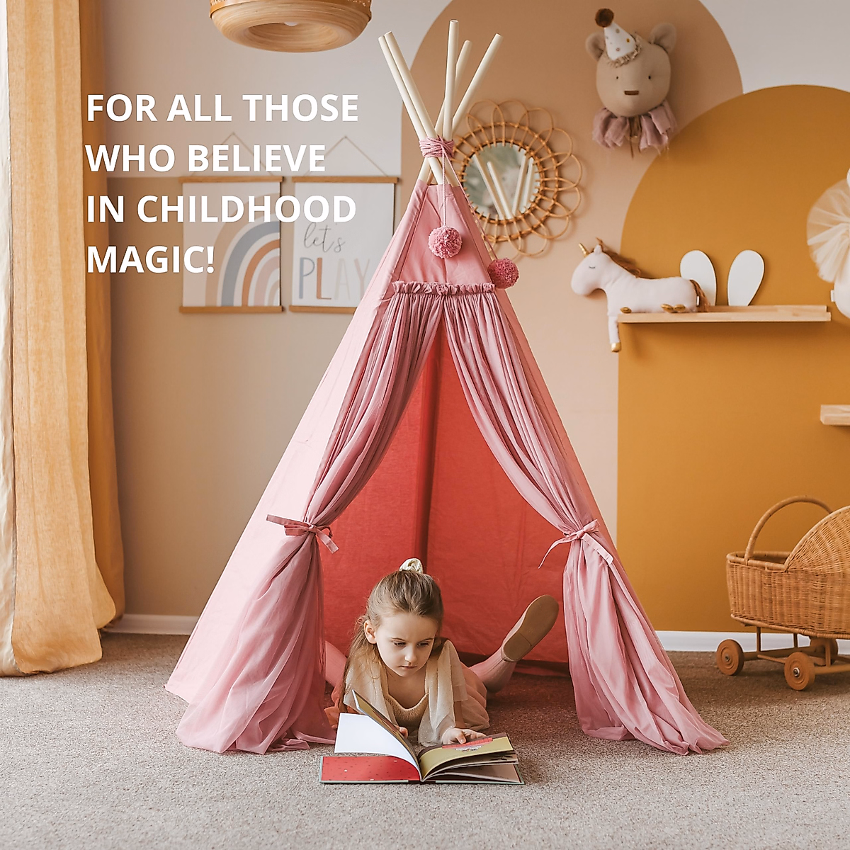 MINICAMP Teepee Tent - Handmade Canvas, Tulle & Wooden Playhouse for Kids & Toddlers, Princess Sleepover Tent (Pink)