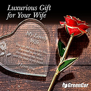 GreenCor Anniversary for Wife | Her | Women Engraved Wooden Gift Set 'to My Beautiful Wife' Includes Crystal Engraved Heart | 24K Gold Dipped Rose for Birthday Gifts & Valentines Day