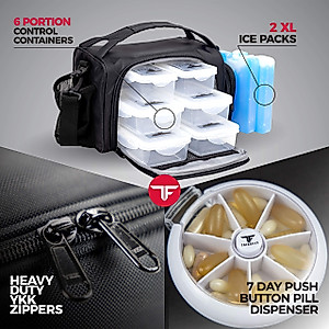 ThinkFit Insulated Meal Prep Lunch Box with 6 BPA-Free, Reusable, Microwavable, Freezer Safe Food Portion-Control Containers, Shaker Cup, Pill Organizer, Lunch Bag with Storage Pocket - (Black)