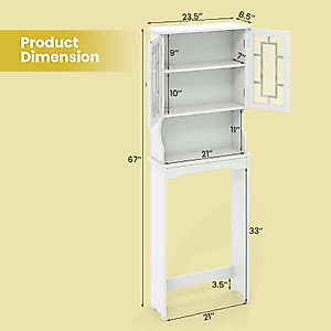 Tangkula Over The Toilet Storage Cabinet, Freestanding Over Toilet Storage Rack w/ 2 Tempered Glass Doors, Open Shelf, 3-Position Adjustable Shelf, Space-Saving Bathroom Organizer (White)