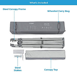 CORE 13' x 13' Instant Shelter Pop Up Canopy Gazebo Tent for Shade in Backyard, Party, Event with Wheeled Carry Bag, Gray