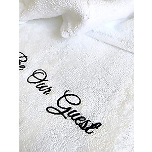 'Be Our Guest' Embroidered White Hand Towels for Bathroom with Gift Box - Set of 2 - Extra Absorbent 100% Cotton Hand Towel Set - 571GSM - 14 x 30 inches - Gifts for Bathroom - Be Our Guest Decor