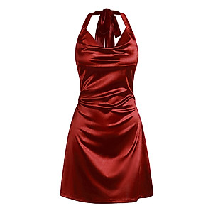 ZAFUL Women Halterneck Satin Mini Dress Sexy Cowl Neck Silky Party Cocktail Club Dress (Red-Halter-A, M)