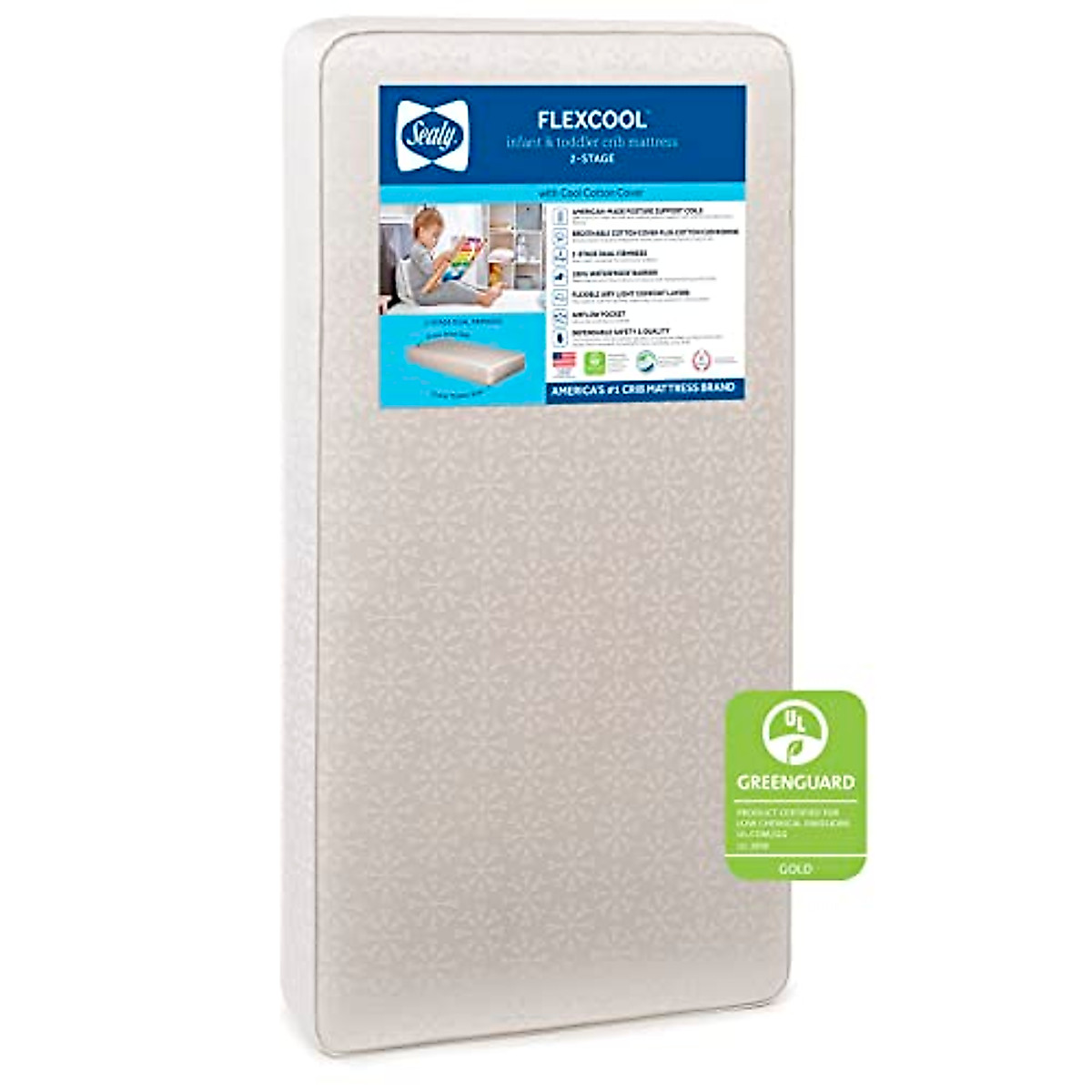 Sealy Flex Cool 2-Stage 204 Coil Premium Waterproof Baby Crib Mattress and Toddler Mattress Airy Comfort, Dual Firm, Cool Cotton Cover, Greenguard Air Quality Certified - Made in USA, 52"x28"