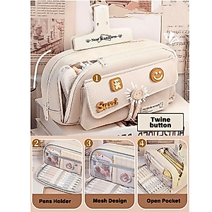 Krdrgey Beige Pencil Case, Large Capacity Study Pouch Bag with Two Compartments, Portable Soft Canvas Easy Carry for Library and Travel Makeup Organizer, Elegant Aesthetic Study Supplies (green)