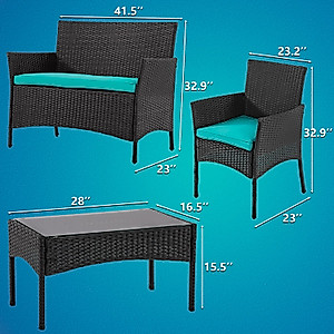 Ruesleag Patio Furniture Set 4 Piece Rattan Conversation Sets Patio Set Chairs with Thickened Cushions and Tempered Glass Table Outdoor Wicker Porch Furniture Random Arrangement for Yard or Backyard