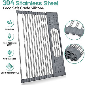 Techsea roll-up-Dish Drying Rack,Multipurpose Heat Resistant Over-The-Sink Dish Drying Rack, Stainless Steel Kitchen Sink Drying Rack (17.5" x 15.2")