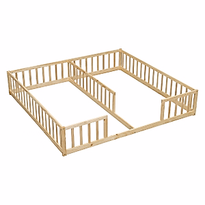 PVWIIK Twin Size Double Montessori Bed for Kids, Girls, Boys Bedroom,Twin Floor Bedframe w/Fence,Easy Assembly & No Box Spring Needed, Natural