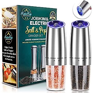 Electric Gravity Pepper Grinder set of 2, Automatic Salt and Pepper Mill Grinder, Adjustable Roughness, Battery Powered, Blue LED Light, Stainless Steel with One Hand Operation (Sliver 2 pack)