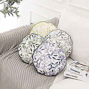 NottingsonHome Velvet Decorative Floral Round Small Pillow Blue 13"x13" Farmhouse Print Botanical Leaf Mini Throw Pillow Rustic Floor Cushions Couch Sofa Decor Welcome Gift,13"x13"x1