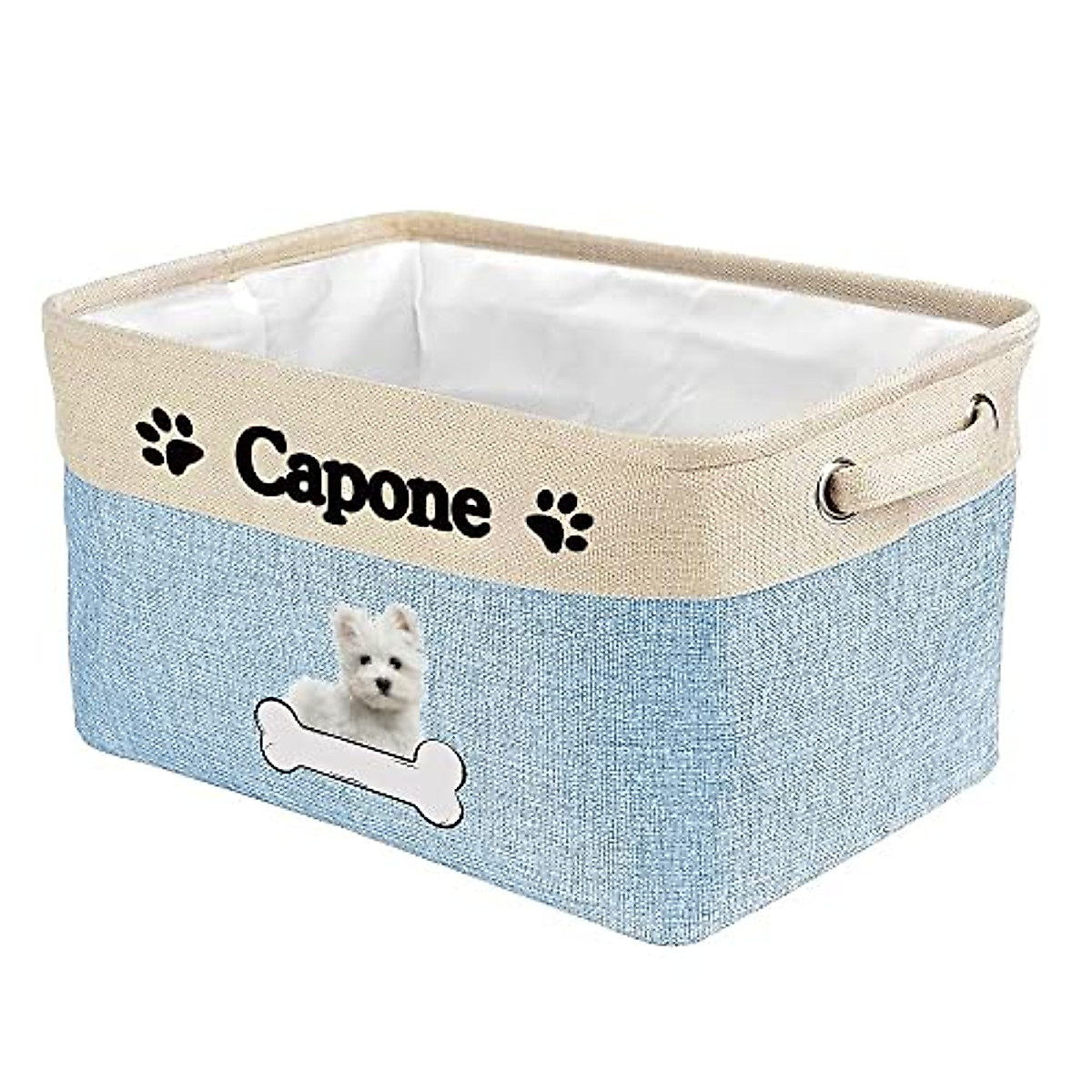 Personalized Dog Maltese Bone Decorative Storage Basket Fabric Durable Rectangle Toy Box with 2 Handles for Organizing Closet Garage Clothes Blankets Blue and White