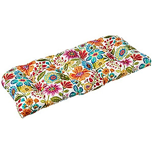 Pillow Perfect Bright Floral Outdoor Wicker Patio Sofa Setee Swing Cushion, Tufted, Weather, and Fade Resistant, Round Corner - 19" x 44", Blue/Purple Gregoire, 1 Count