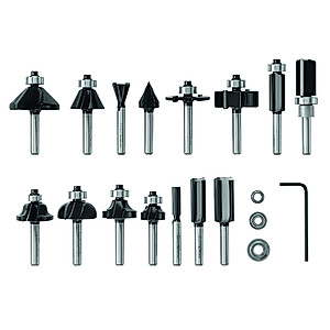 BOSCH RBS015MBS 15-Piece (Universally Compatible Accessory) Carbide-Tipped Wood Router Bit Assorted Set