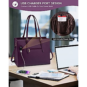 LOVEVOOK 15.6 Inch Laptop Bag for women, Large Waterproof PU Leather Work Briefcase with USB Charging Port Casual Computer Shoulder Bag Messenger, Fashion Business Office Tote Handbag Purse, Purple