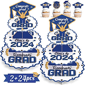 jollylife 2 Set Graduation Decorations Class of 2024 Blue and Gold Cupcake Stand,3-Tier Cardboard Congrats Grad Tower Plus 24 Cake Toppers Party Supplies Decor(Assembly Needed)