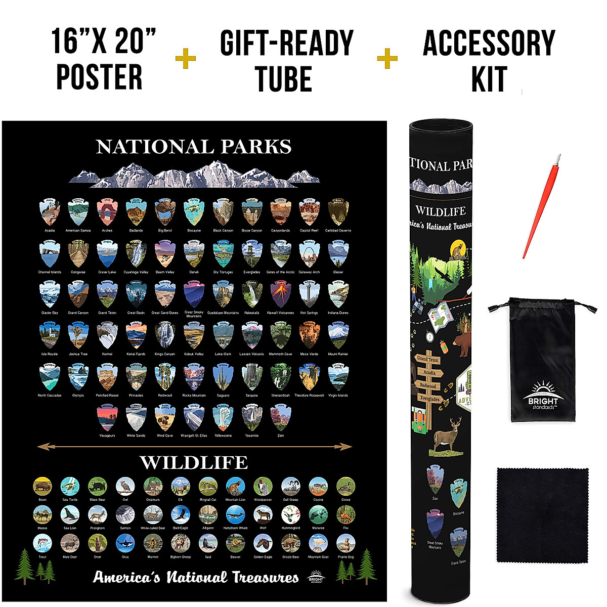 Bright Standards National Parks Scratch Off Map of United States Poster [Includes Wildlife], National Parks Map, US Travel Maps, USA Gifts for Travelers Road Trip Adventure, Fits 16”x20” frame