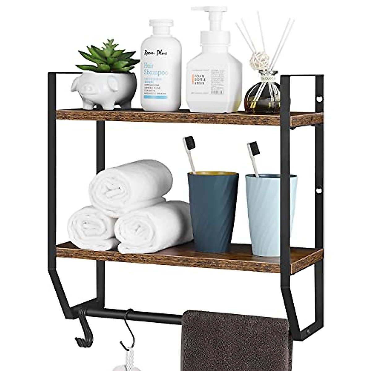 ETELI Bathroom Wall Shelf 2 Tier Towel Rack with Shelf Wall Mount Wood Storage Rack with Towel Bar, Brown