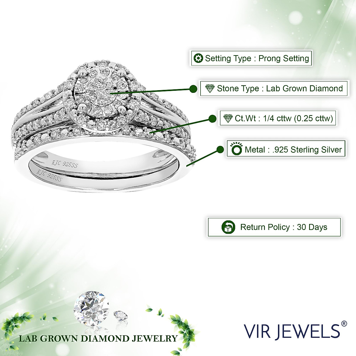 Vir Jewels 1/4 cttw Lab Grown Diamond Wedding Engagement Bridal Set Round for Women in .925 Sterling Silver Prong Set Size 6
