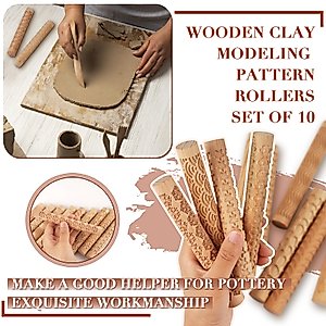 Lzttyee Set of 10 Wooden Handle Pottery Tools Clay Modeling Pattern Rollers Kit Brown (Set of 10)