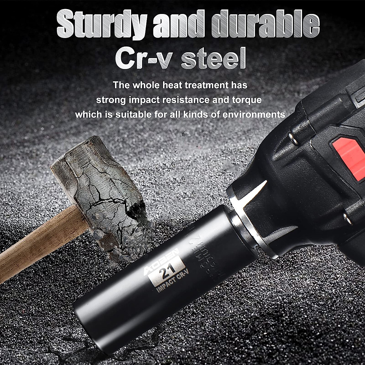 AOBEN 1/2-Inch Drive Impact Socket Set, 18 Pieces, 6 Point, Metric, 10mm - 24mm, Deep, Cr-V Steel, Includes 3", 5", 10" Extension bars