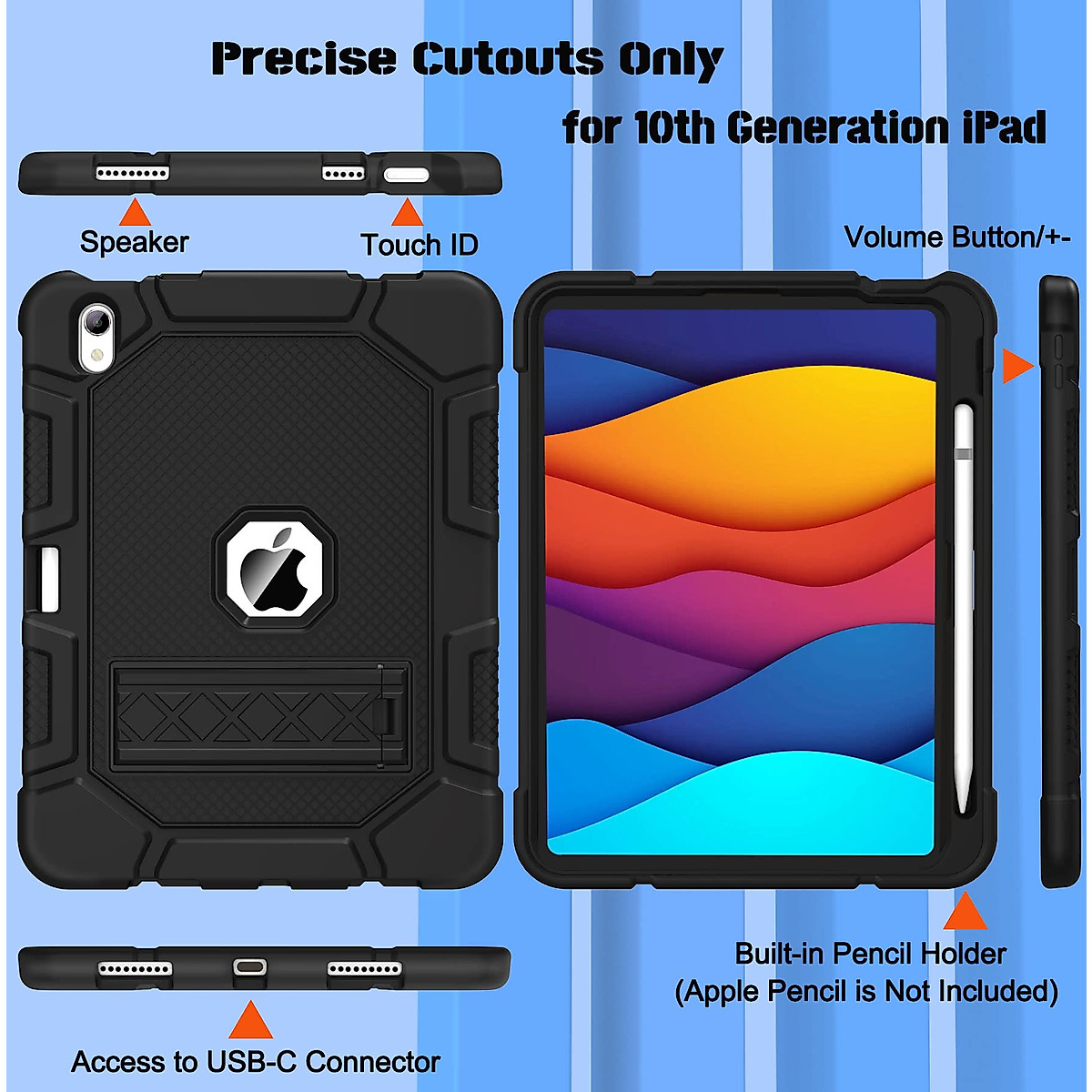 Rantice iPad 10th Generation Case 2022, 10.9 Inch iPad Case with Pencil Holder, iPad 10.9 Case with Kickstand, Hybrid Shockproof iPad 10th Gen Case for Kids Boys Girls Children, Black