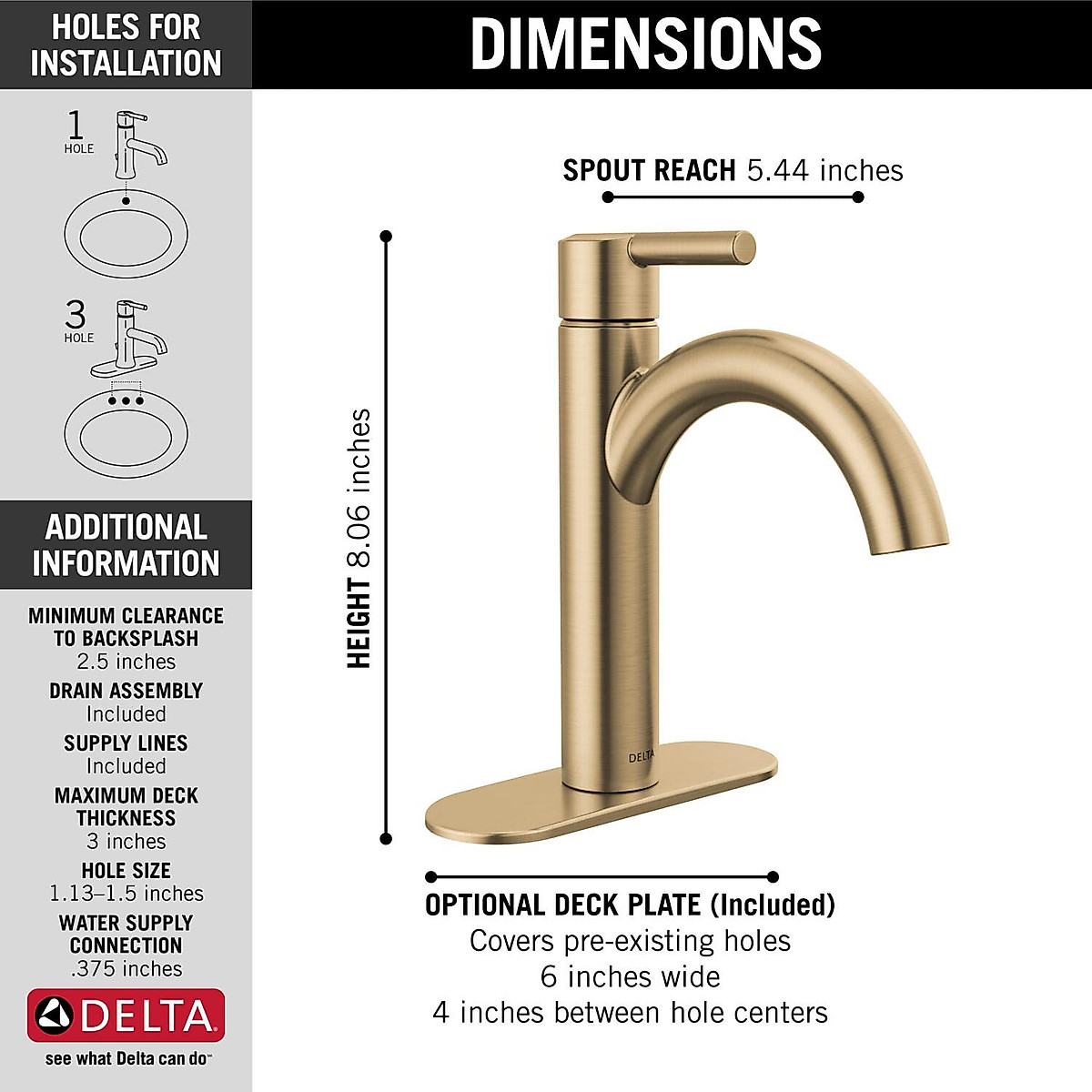 Delta Faucet Nicoli Gold Bathroom Faucet, Single Hole Bathroom Sink Faucet, Single Handle Bathroom Faucet, Pop-Up Drain Assembly, Champagne Bronze 15749LF-CZ