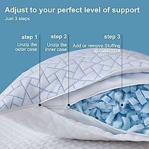 Cooling Pillow for hot Sleepers - Queen Pillow for Side and Back Sleeper - Adjustable Bed Pillows - Shredded Memory Foam Cooling Gel Pillow with Extra Fill