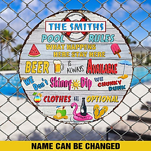 V VIBEPY All Over Printed, Personalized Pool Rules Wooden Sign, Pool Rules What Happens Here Stay Here, Pool Bar Decor, 8”,12”,18” Wooden Sign, Summer Decor Outdoor, Housewarming Gift (02)