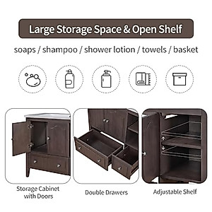 PIETFIU 36" Bathroom Vanity with Ceramic Basin Sink Set, Freestanding Bathroom Storage Cabinet with 2 Doors and 2 Drawers, Solid Frame, Metal Handles (Brown, 36 Inch)
