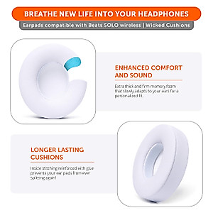 Wicked Cushions Replacement Ear Pads for Beats Solo 3 Wireless On Ear Headphones - Also fits Beats Solo 2 Wireless, Enhanced Noise Cancellation, Improved Comfort, Industrial Adhesive | White