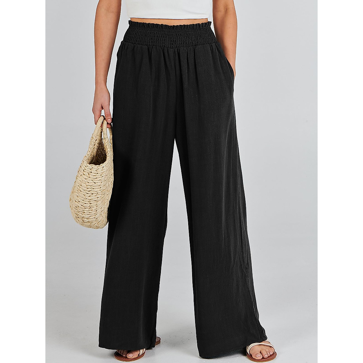Caracilia Womens Linen Pants Wide Leg Palazzo Lounge Pant High Waisted Flowy 2024 Summer Beach Work Boho Casual Trousers Black Medium