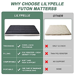 LILYPELLE Japanese Floor Mattress Futon Mattress, Foldable Mattress, Roll Up Mattress Sleeping Tatami Mat Floor Lounger Guest Bed, Easy to Store and Portable for Camping Couch, Twin Full Queen