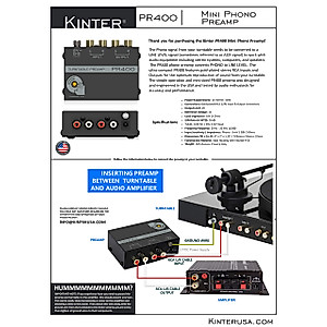 Kinter PR400 Ultra Compact Phono Vinyl Turntable Preamp - Mini Electronic Audio Stereo Phonograph Preamplifier with Gold Plated RCA Input and Outputs & Low Noise Operation 12 Volt DC Adapter Included