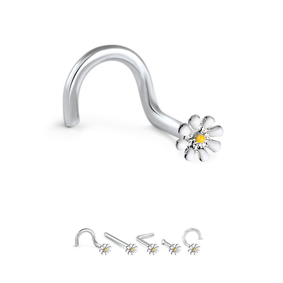 316L Surgical Steel, Rhodium Plated Brass Right Nostril Screw Nose Ring Daisy Flower 20G