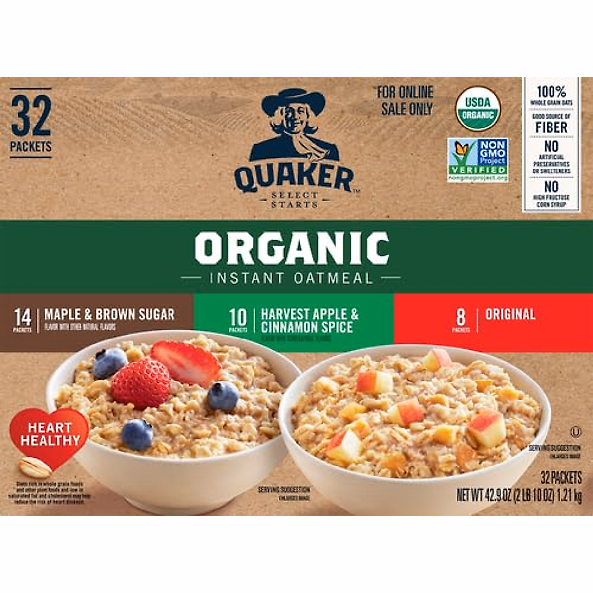 QUAKER Instant Oatmeal, USDA Organic, Non-GMO Project Verified, 3 Flavor Variety Pack, Individual Packets, 32 Count (Pack of 1)