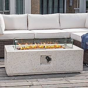 COSIEST Outdoor Propane Fire Pit Coffee Table, 42-inch x 13-inch Terrazzo Rectangle Base Patio Heater w 50,000 BTU Stainless Steel Burner, Wind Guard, Free Lava Rocks and Rain Cover