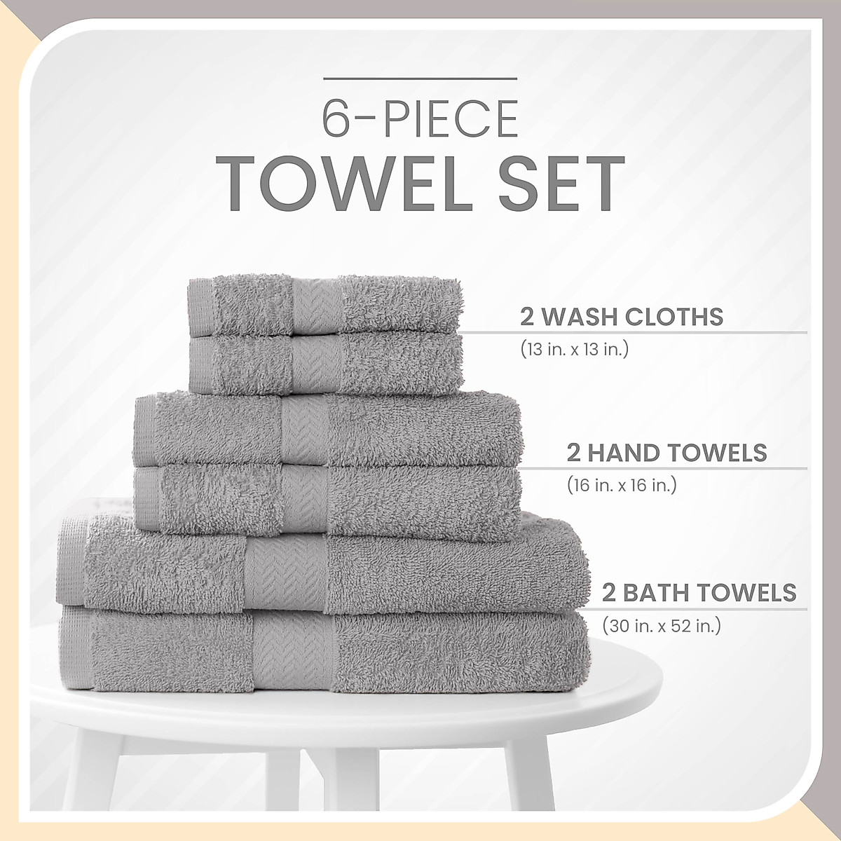 Martex 6-Piece Luxury 100% Cotton Towel Set | Quick Dry | Super Absorbent | Super Soft 100% Ringspun Cotton Towels | 2 Bath Towels | 2 Hand Towels | 2 Wash Cloths | Silver
