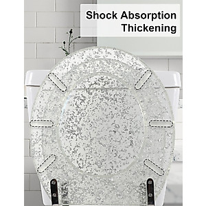Angol Shiold Resin Round Toilet Seat Glitter Silver, Slow Quiet-Close Heavy Duty Acrylic Toilet Seats for Standard Toilets, Easy Installation & Cleaning (Round 17", Silver Foil, Upgraded hinge)