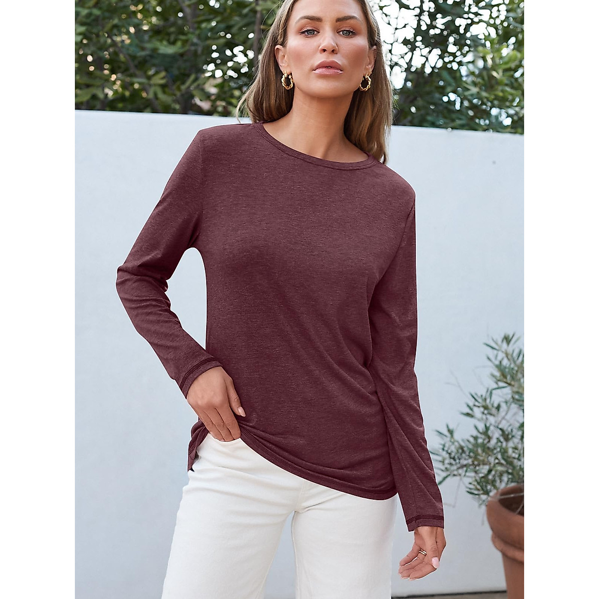 AUTOMET Wine Red Long Sleeve Shirts for Women T Shirt 2024 Casual Dressy Cotton Tshirt Basic Tops Ladies Fitted, Small